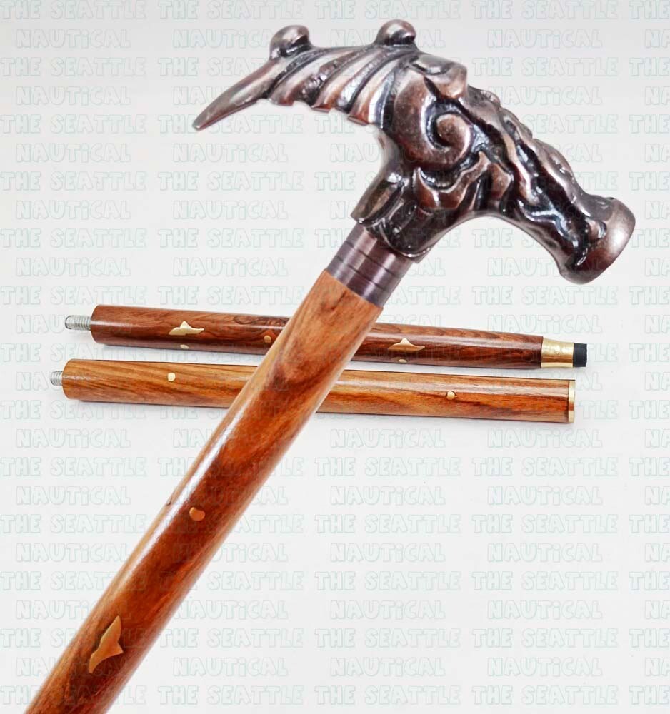 Copper Antique Human Face Head Handle Wooden Walking … - Gem