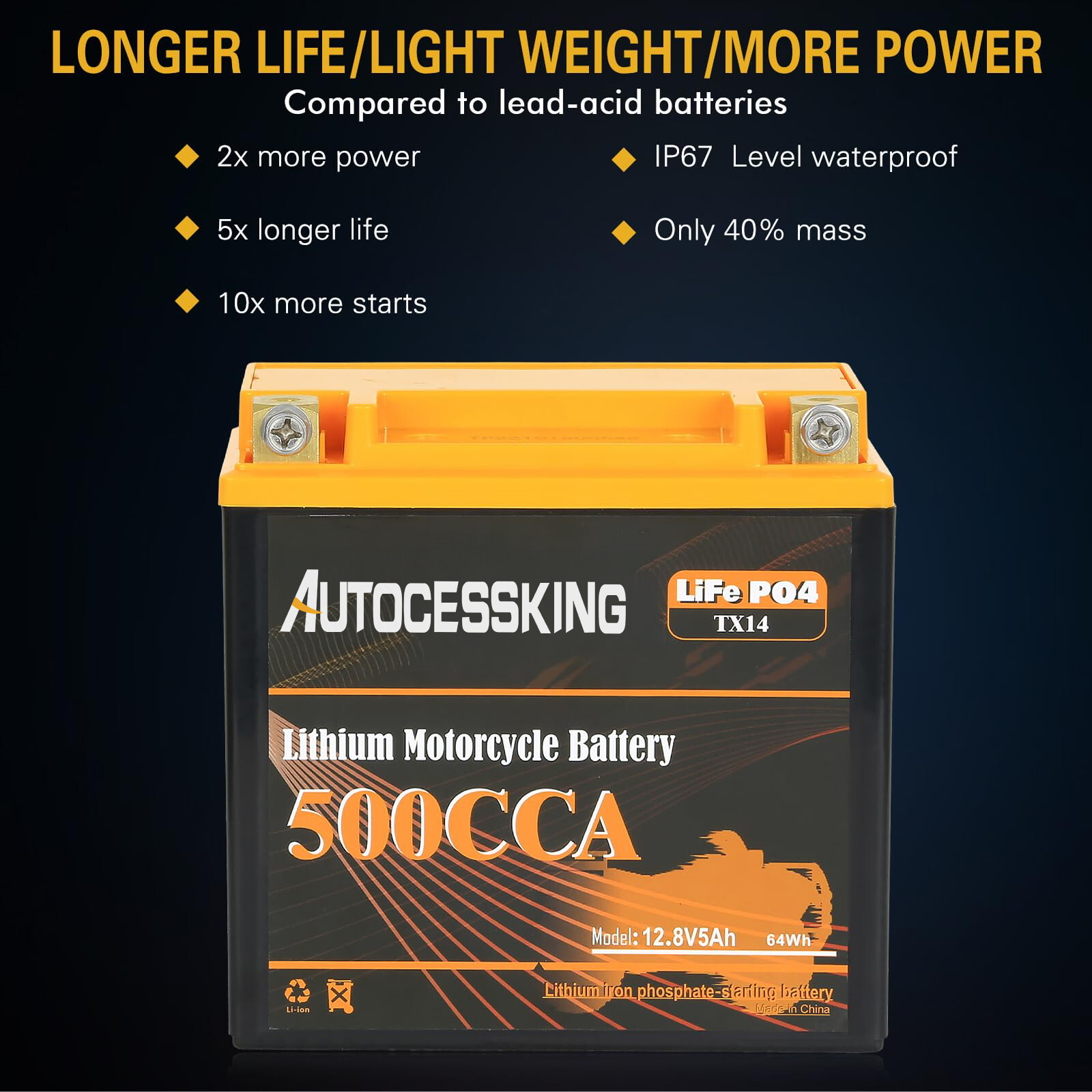 Autocessking YTX14-BS LiFePO4 Lithium Motorcycle Battery 500A 12V 5AH ...