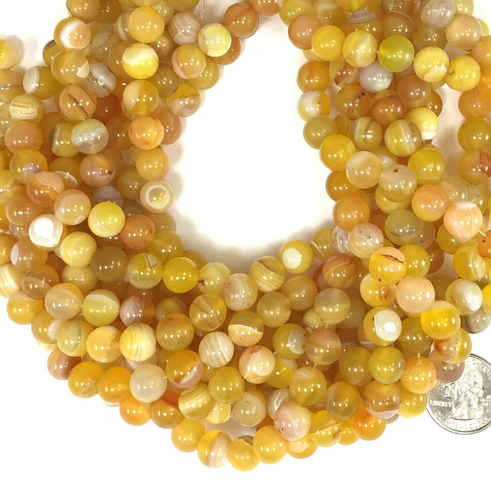 Natural Gold Yellow Stripe Agate Round Bead 15" Jewelry Making Gemstone ...
