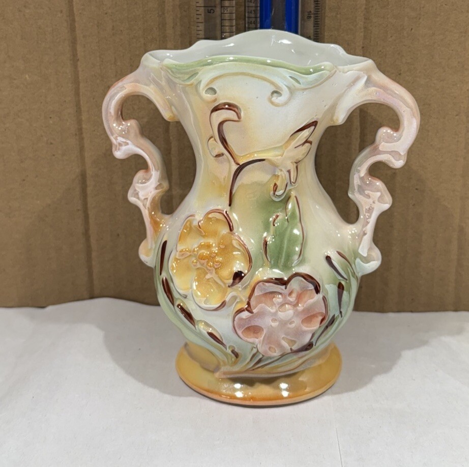 2 Vintage Decorative 3D Floral Double Handled Pitcher Vase Made In ...
