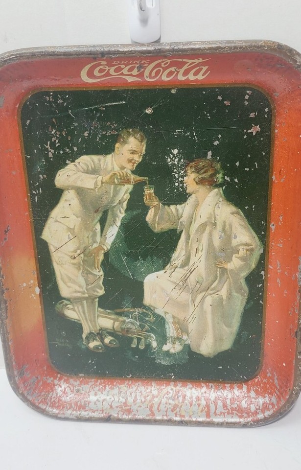 COCA COLA 1926 VINTAGE Original Antique SERVING Coke TRAY Golfers Tin ...