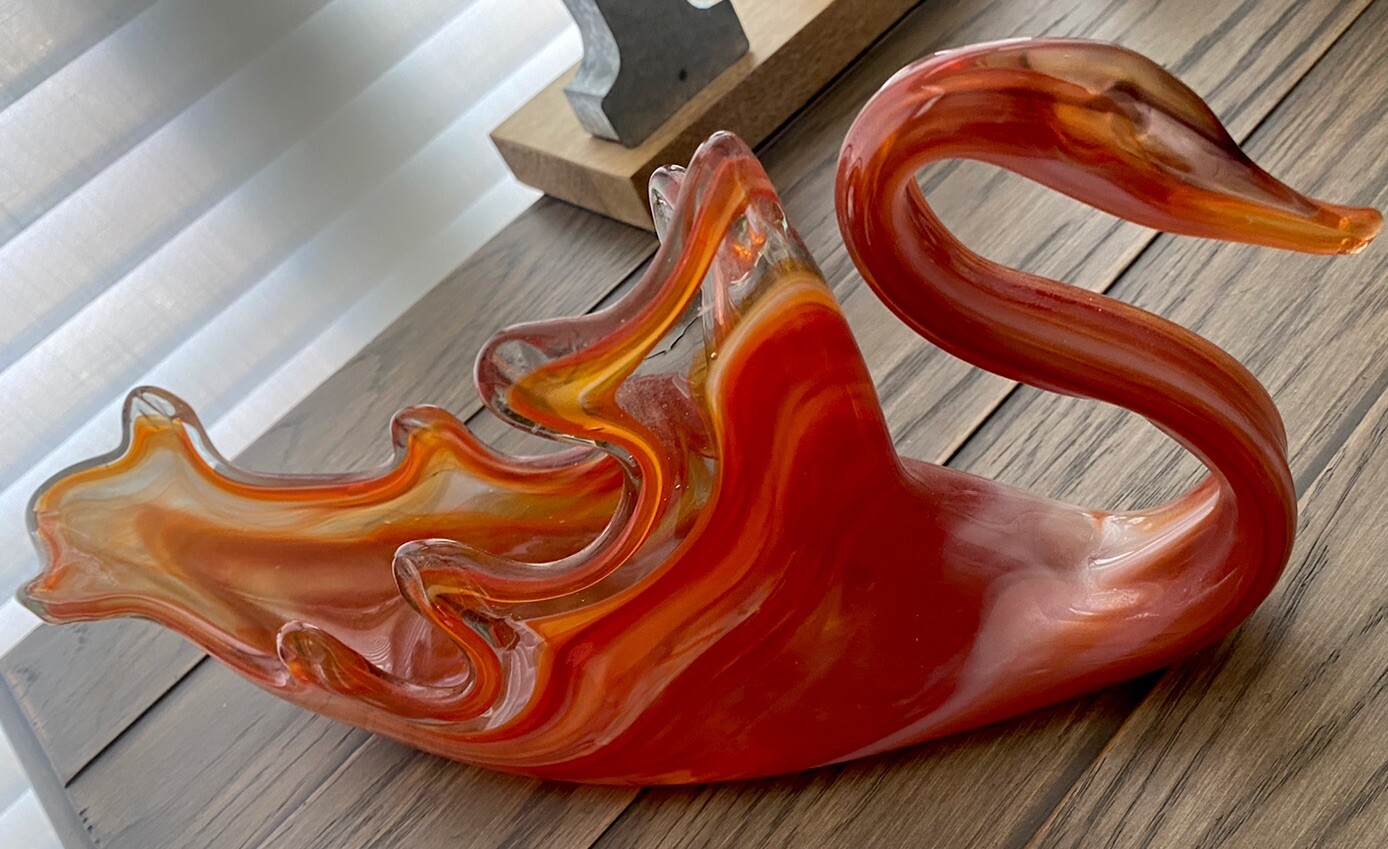 Sooner Red/Orange Swirl Vintage Hand Blown Art Glass Swan Bowl Dish 14 ...