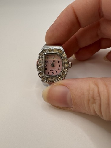 Vintage Ring Watch H.H. Silver-Tone W/ Pink “D” Shaped Rhinestone Face ...