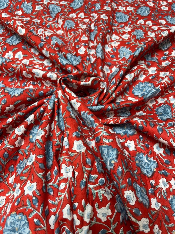 Indian Red Hand Block Print Cotton Fabric Natural Handmade Sanganeri 2. ...