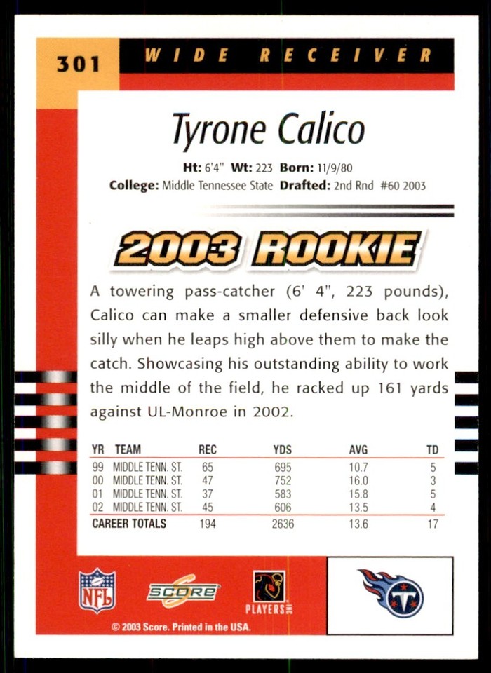 2003 Score Tyrone Calico Rookie Tennessee Titans #301 NFL Football | eBay
