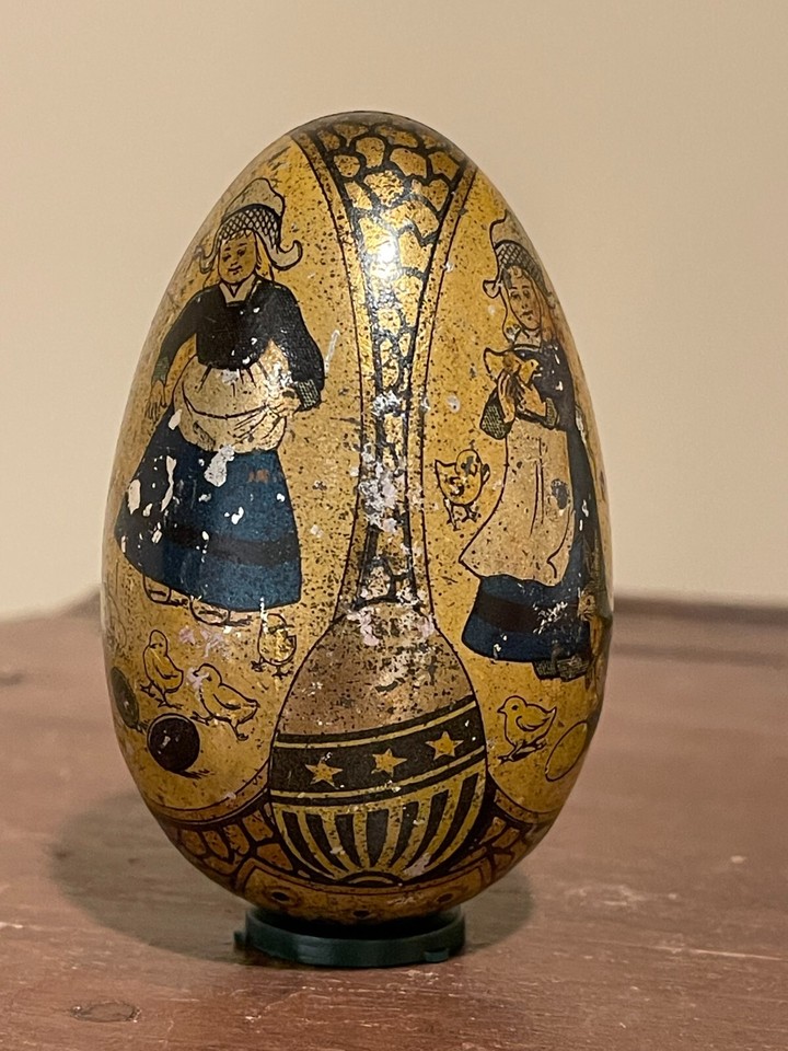Unusual Antique Tin Easter Egg Candy Container Dutch Girl Chicks Rabbit ...