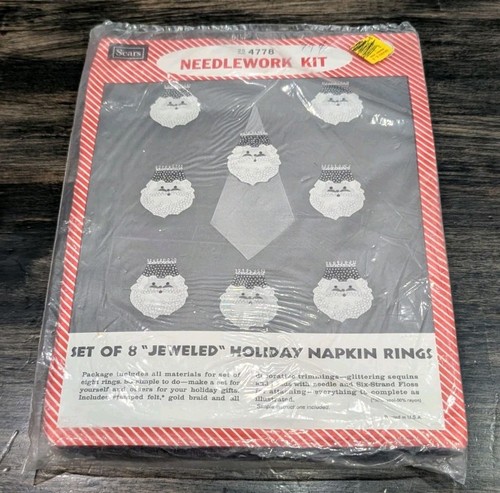 Vintage Sears Needlepoint Jeweled Holiday Santa Napkin Rings Set of 8 ...