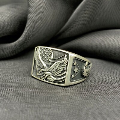 925 Sterling Silver USA Flag & American Eagle Figure Men’s Ring | eBay