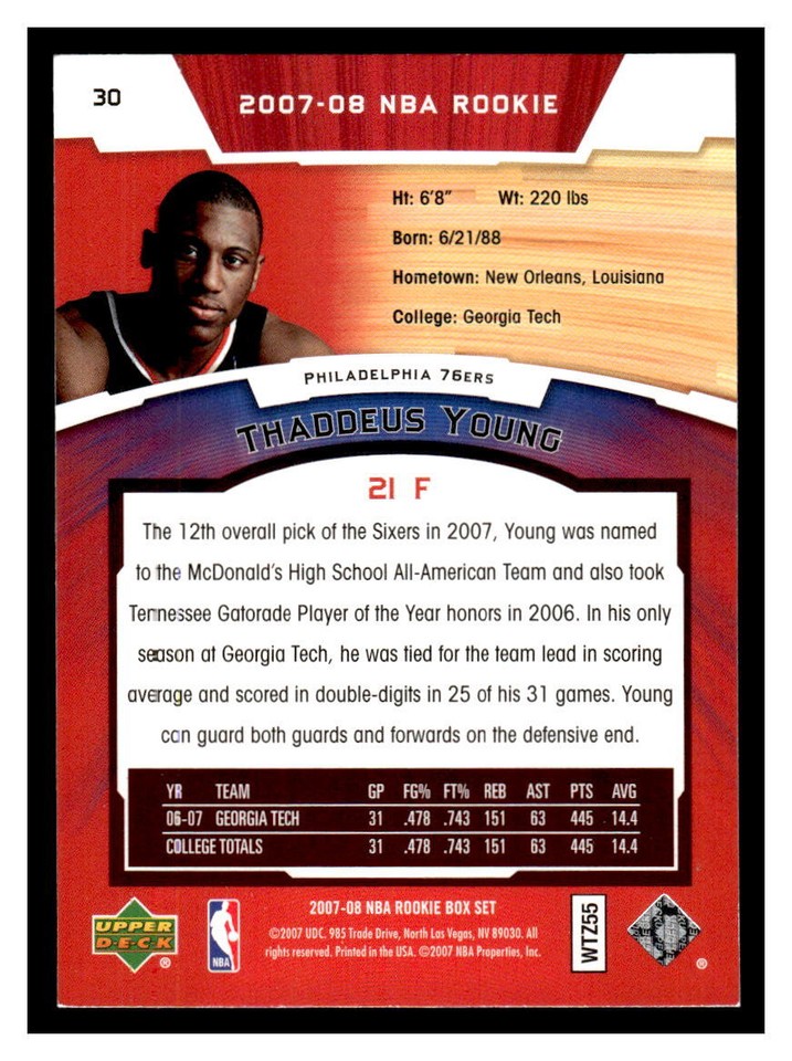 2007 Upper Deck Rookie Box Set #30 Thaddeus Young - Philadelphia 76ers ...