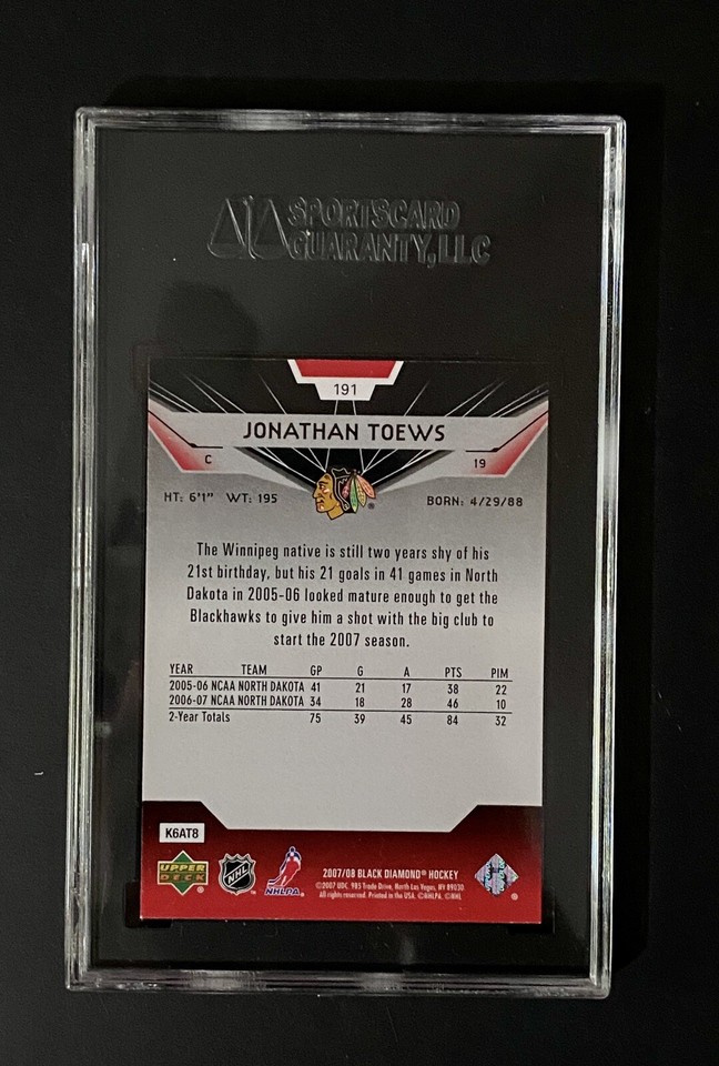 Jonathan Toews SIGNED 2007-08 UD Black Diamond RC #191 Blackhawks SGC ...