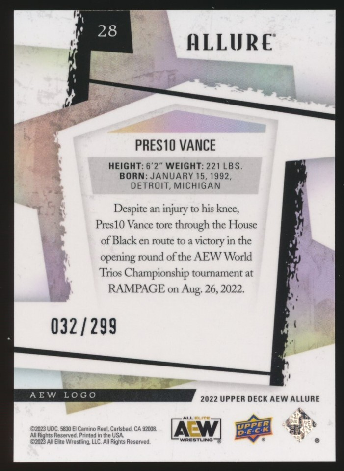 PRES10 VANCE #28 2022 Upper Deck AEW Allure AEW LOGO 32/299 PRESTON LFI ...