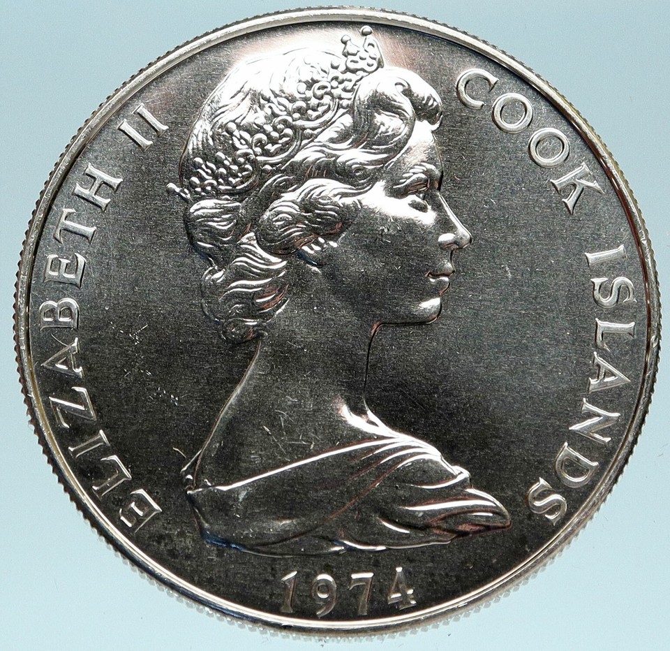 1974 COOK ISLANDS Elizabeth II James Cook Antique Silver 2.5 Dollar ...