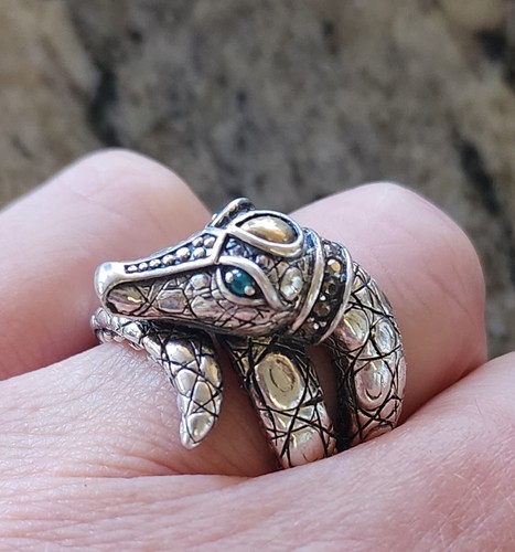 JAI John Hardy Croco Ring 18.11 Grams .925/14kt Green Eyes Sz 10.5 Fits ...