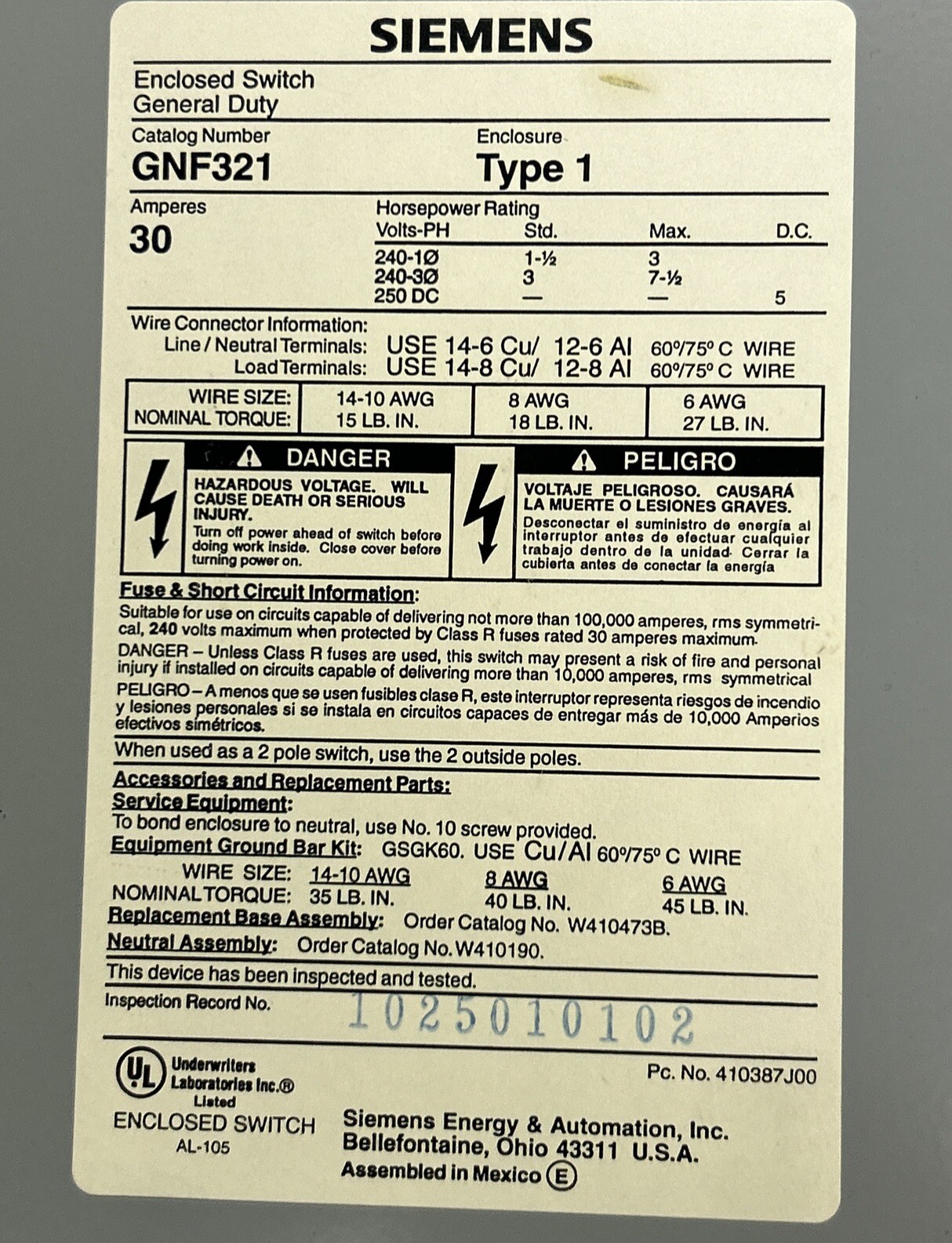 SIEMENS,GNF321,SAFETY SWITCH 30AMP 3P 240V | eBay