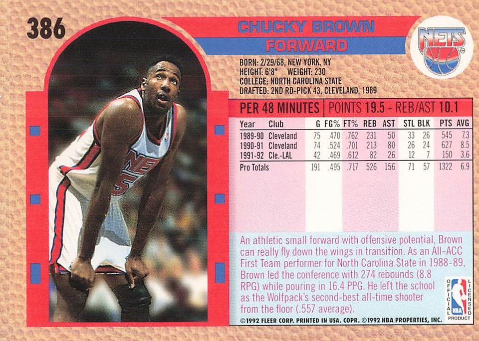 Chucky Brown #386 1992-93 Fleer New Jersey Nets Excellent | eBay