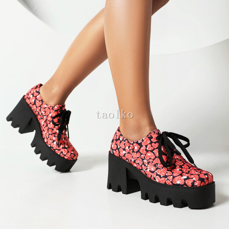 Platform Women Low Top Pumps Lace Up Floral Print Creepers 7cm Heel ...