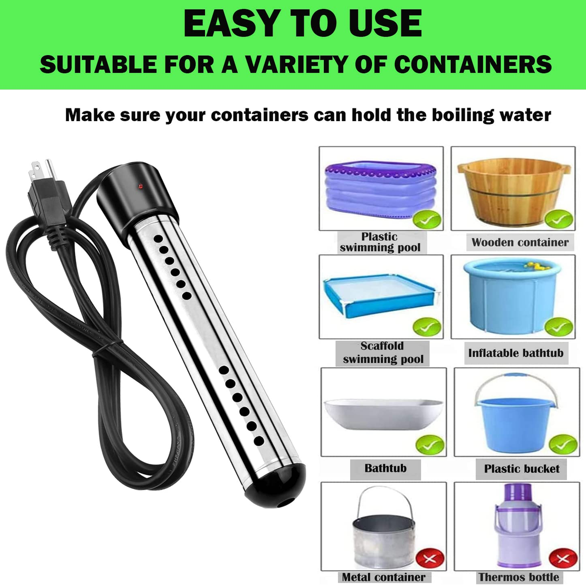 Submersible Heater 2000W Immersion Water Heater - Portable Bucket ...