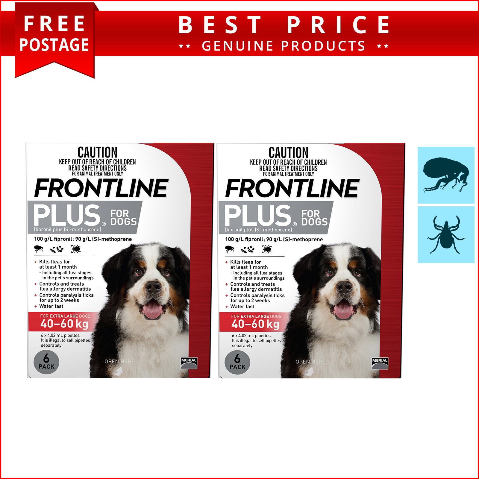 Frontline Plus for Dogs 3,6,12 Doses 40 to 60 Kg RED Flea Tick ...