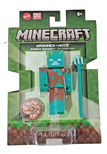 Mattel Minecraft Drowned Zombie w Trident & Nautilus Shell 3.5" Figure ...