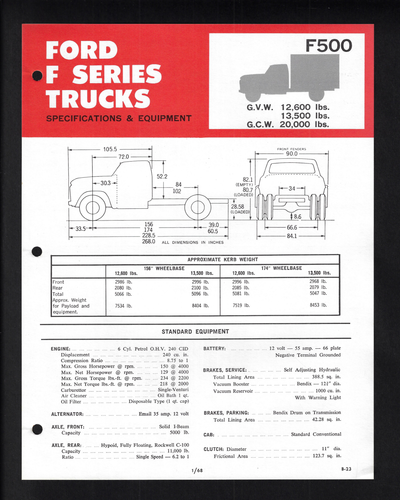 FORD F SERIES TRUCKS F500 GVW 12,600 LBS SPECIFICATIONS BROCHURE 01/68 ...