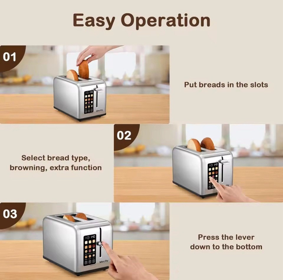 2 Slice Smart Toaster Touch Screen Wide Slot Stainless Steel Bread ...