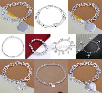 925 Sterling Silver Charm Bangle Chain Silver Plated Women Bracelet ...