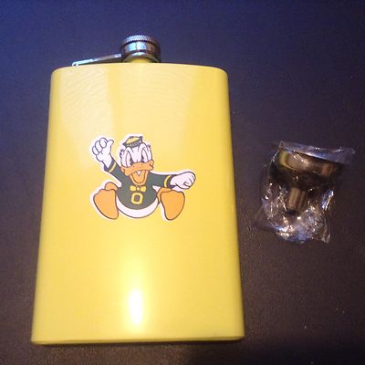 One Oregon Ducks NIB Yellow 8 oz. Stainless Steel flask w/ flask funnel ...