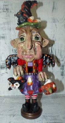 Folk Art Bat Wing Halloween Witch Nut Cracker Cat and Pumpkin Buckets ...