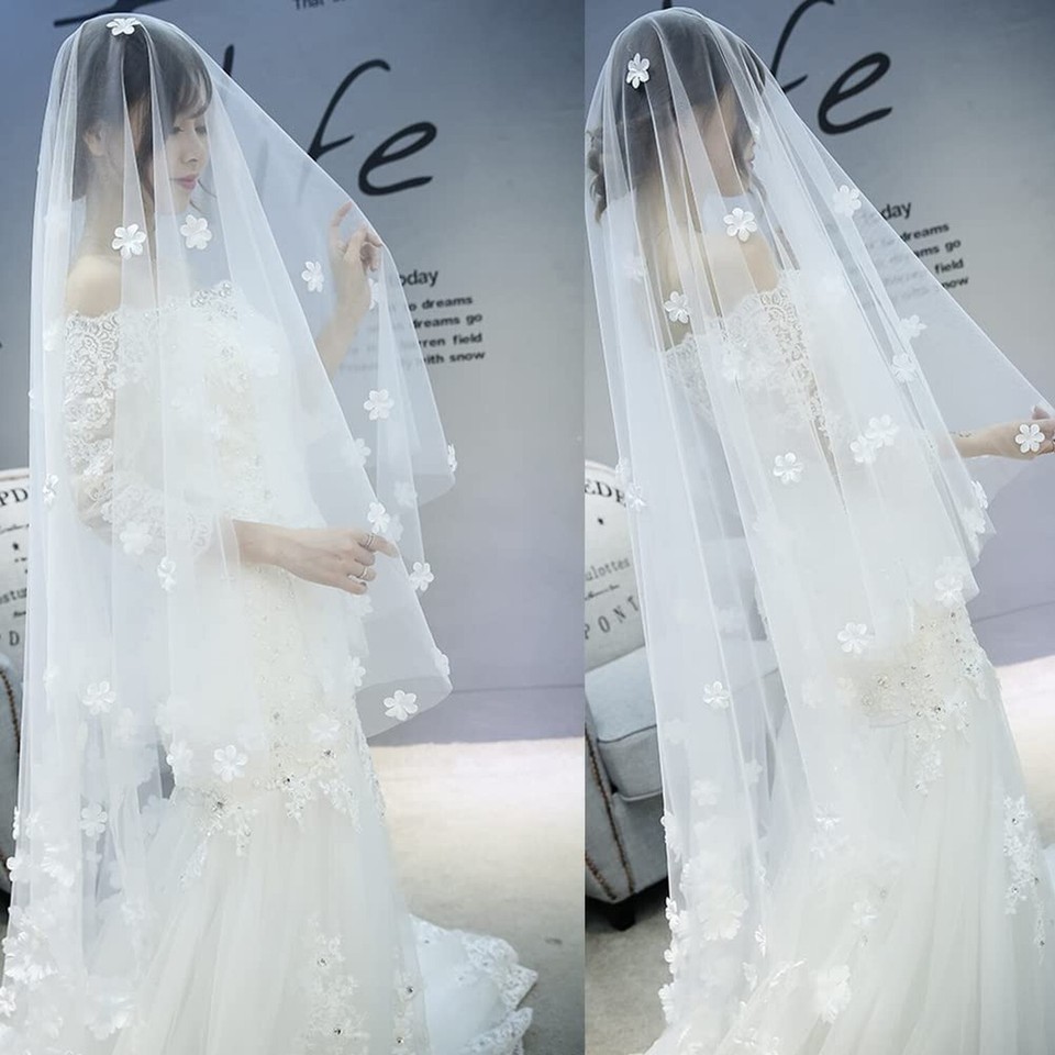 Bridal Veil Long Wedding Lace Floral Veil Elegant Cathedral Veil Soft ...
