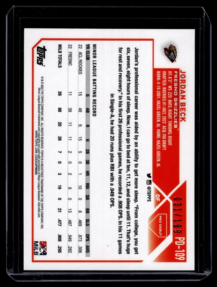 Jordan Beck 2023 Topps Pro Debut Fuchsia Foil Card 31/199 #PD-109 | eBay