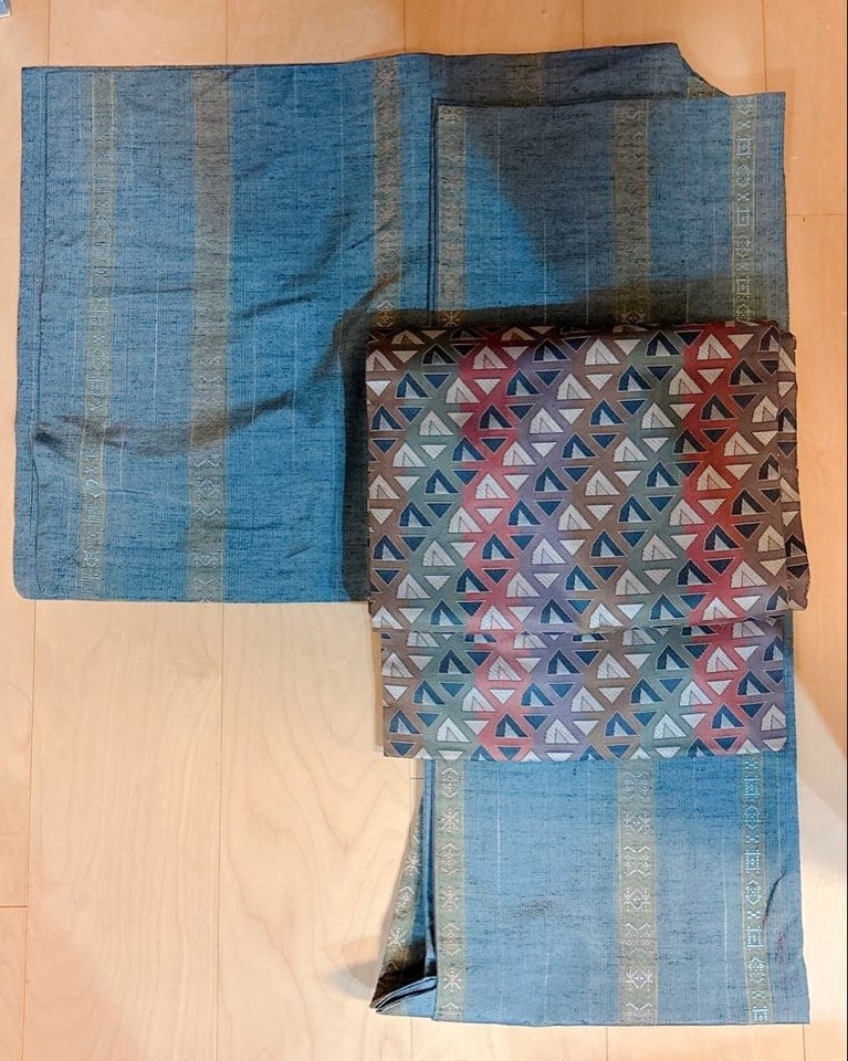 Beautiful item⭐︎Pure silk Nagoya obi, cool geometric pattern, cute ship ...