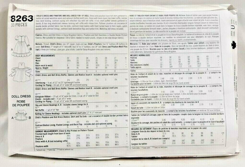 1998 Simplicity Sewing Pattern 8263 Girls Dress Pinafore 3-6 18" Doll ...
