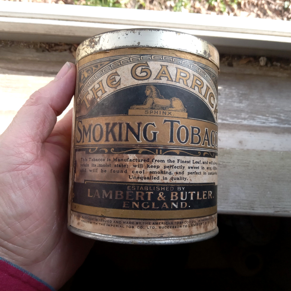 THE GARRICK SPHINX SMOKING TOBACCO EARLY 1900 LABELED CAN WITH ORIGINAL ...