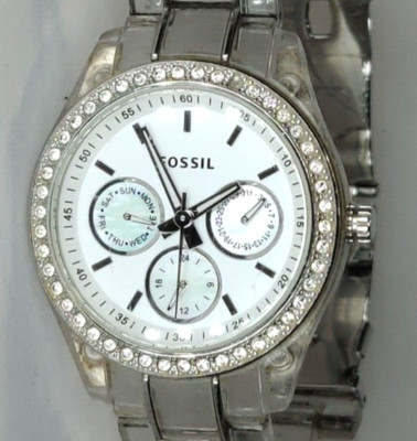 FOSSIL WOMEN LARGE WATCH WHITE FACE, GEMMED; WR; ES2364; CLEAR BAND ...