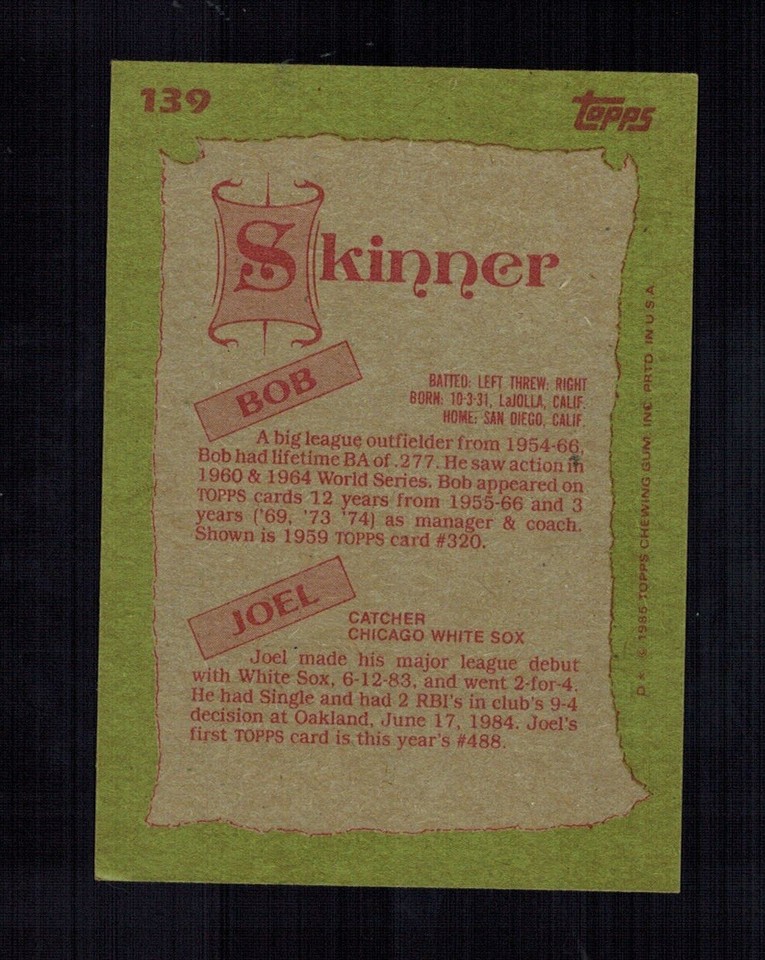 1985 Topps - Father - Son #139 Joel Skinner, Bob Skinner Baseball Card ...