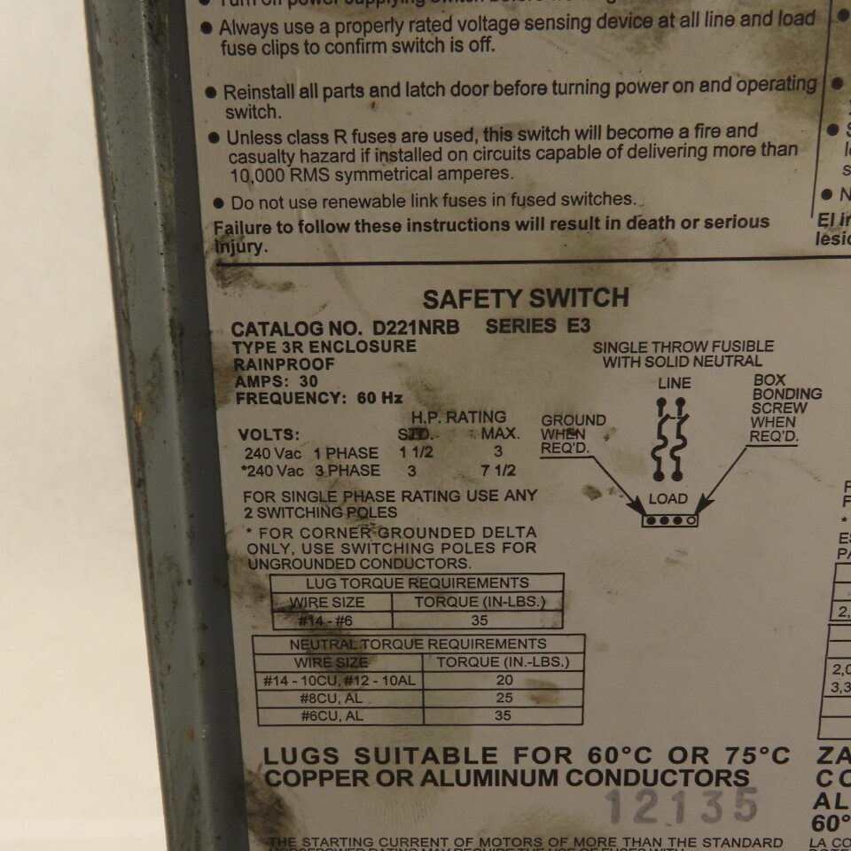 Square D D221NRB Safety Disconnect Switch 240 VAC 30A 2 Pole Fused | eBay