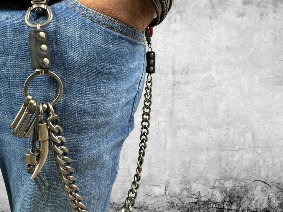 Men Silver Metal 2 Strands Wallet Chain KeyChain Horn Spike Clasp ...