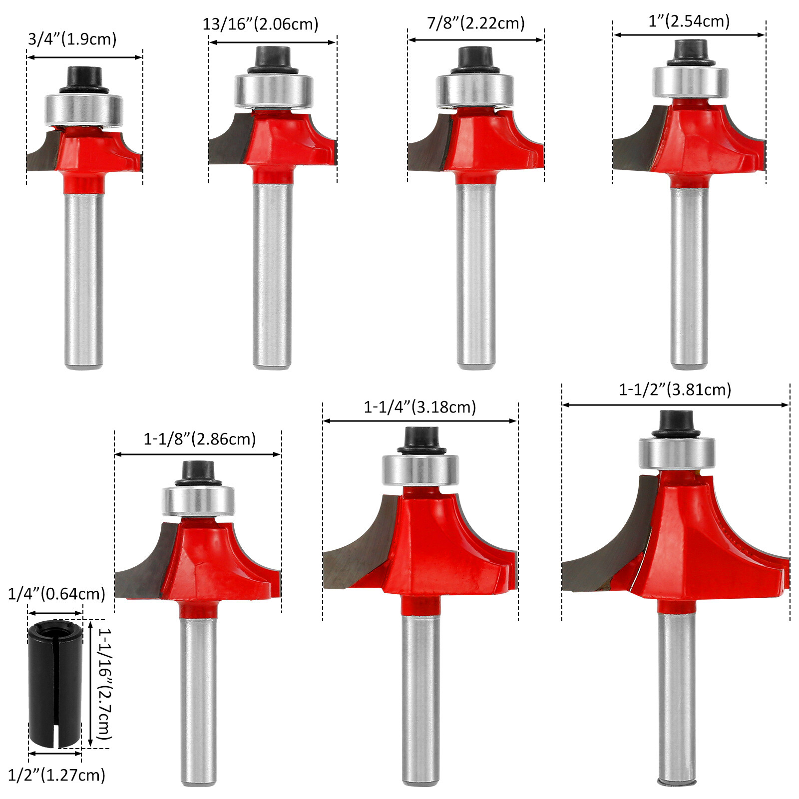 7Pcs 1/4 Inch Shank Roundover Edging Router Bit Set Carbide Bearing ...