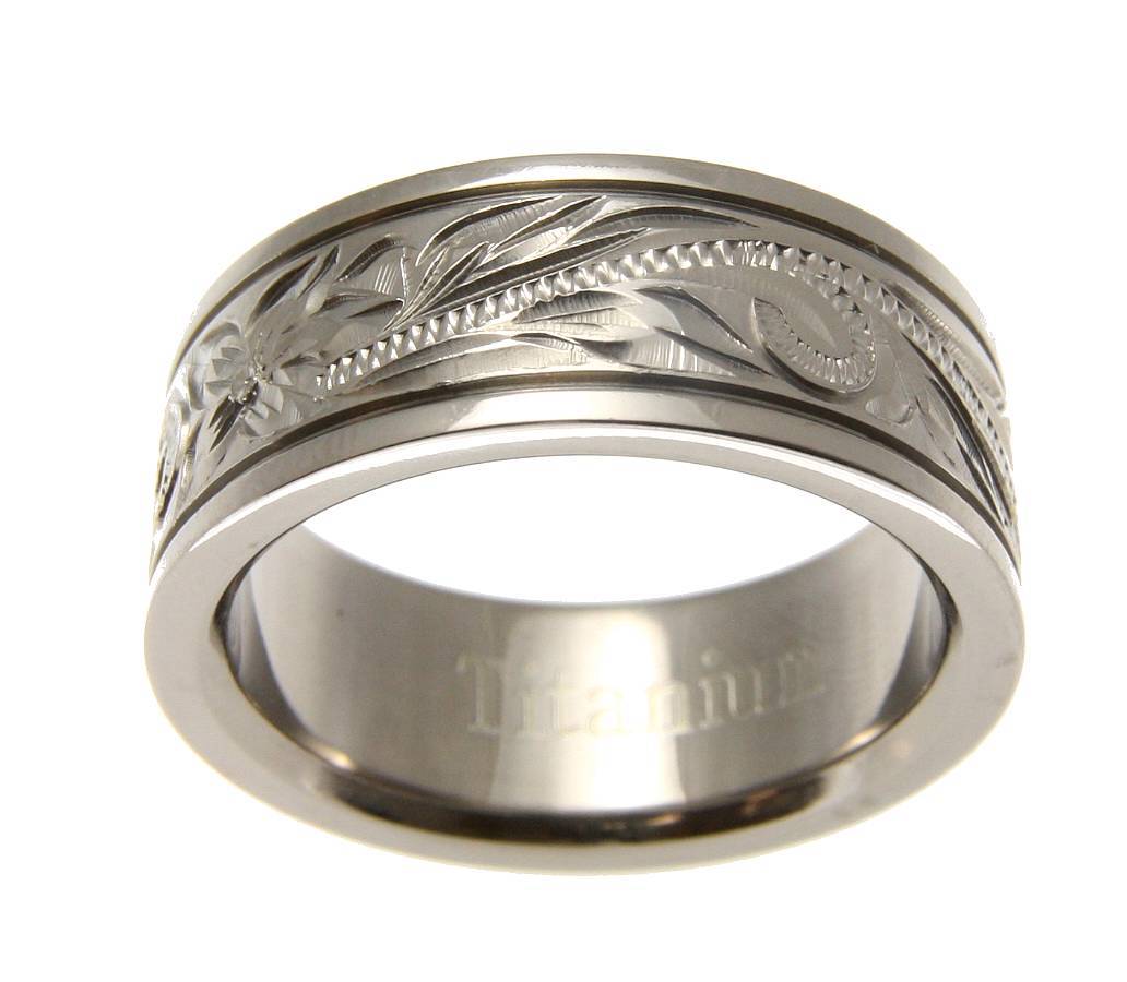 TITANIUM HAND ENGRAVED HAWAIIAN PLUMERIA SCROLL BAND RING SMOOTH EDGE ...