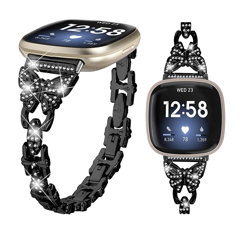 For Fitbit Versa 3/4 Sense 2 Women Bling Rhinestones Butterfly Steel ...