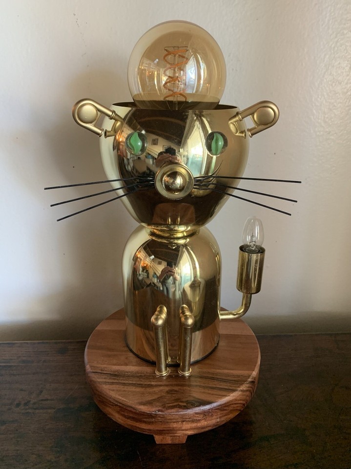 Vintage Cat Kitty Light Lamp Mid Century Modern Brass Wood Metal Deco ...