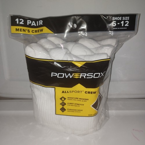 Powersox 12 pair White Allsport Crew Cut Socks, Moisture Wicking Size 6 ...