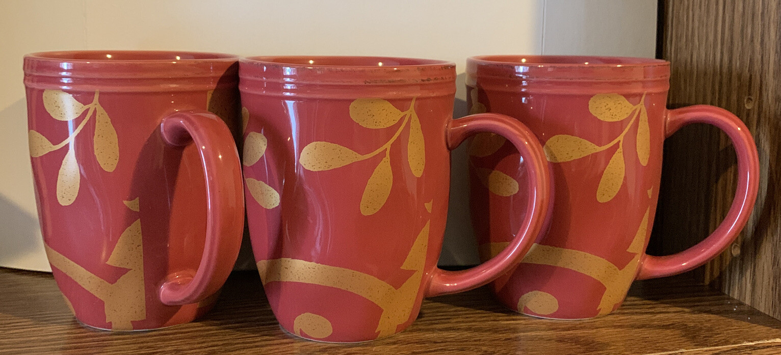 Set of 3 Rachael Ray Gold Scroll Mugs Cranberry Red Coffee Cups | eBay