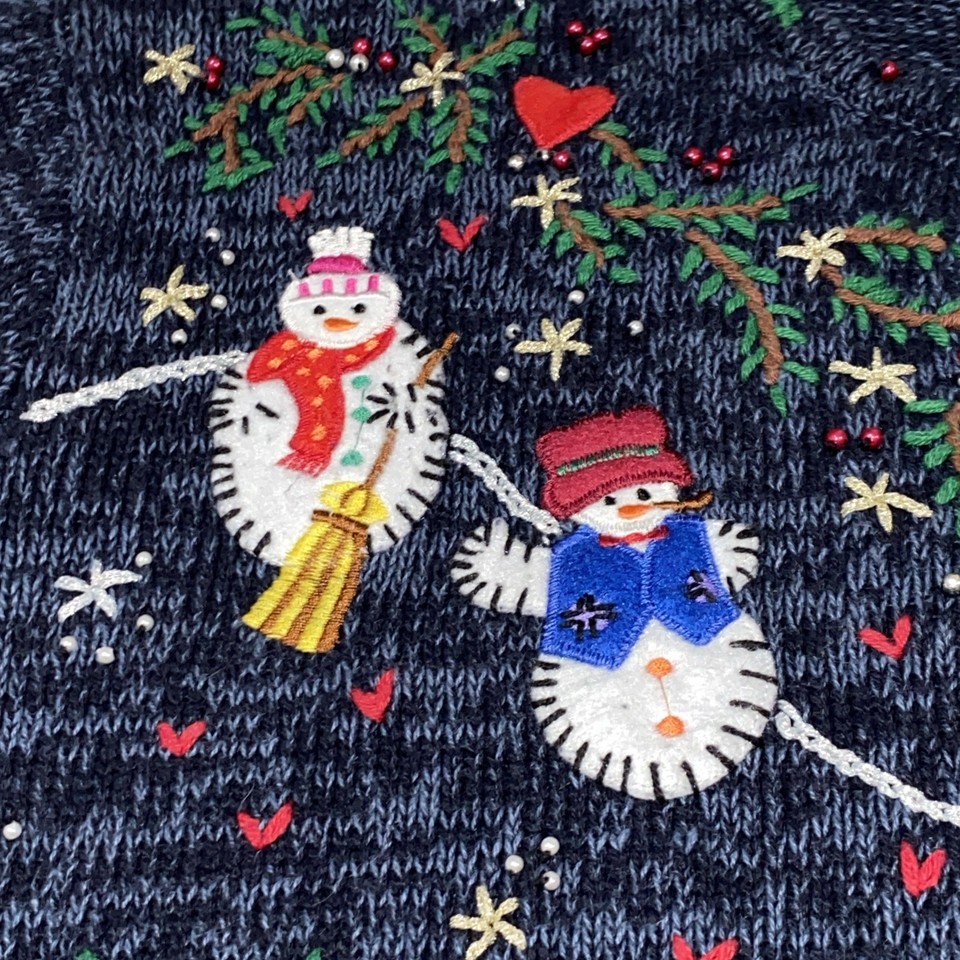 Vintage Segue Christmas Snowman Print Blue Cardigan Sweater Size XL | eBay