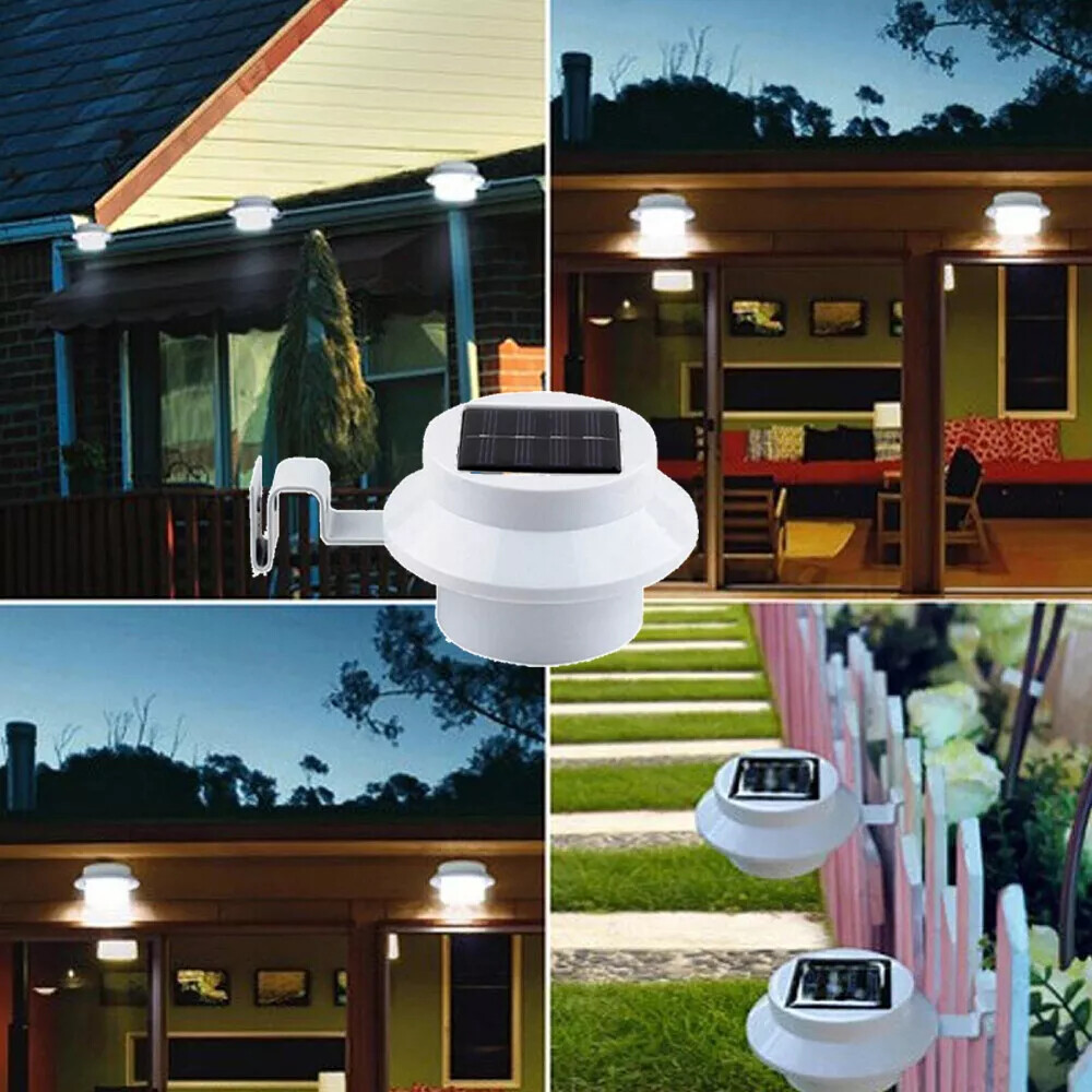 3-LED Solar Powered Gutter Light Outdoor/Garden/Yard/Wall/Fence/Pathway ...