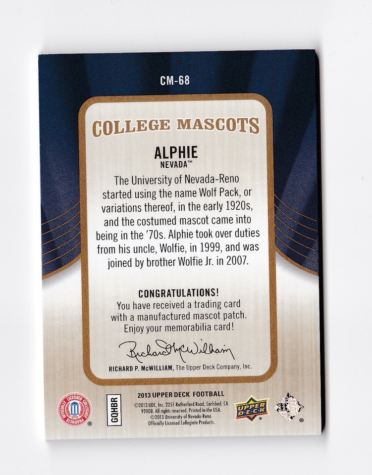 2013 Upper Deck College Mascot Manufactured Patch #CM68 Alphie Nevada ...