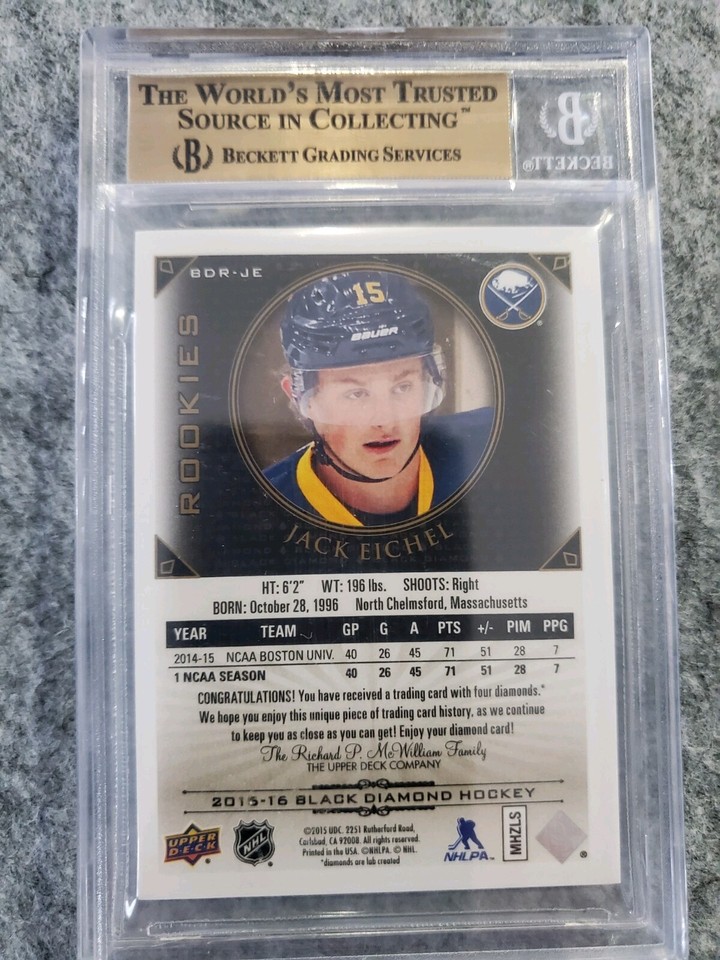 2015-16 Black Diamond 4 Diamond Rookie Jack Eichel 20/99 Gaded 9.5 BGS ...