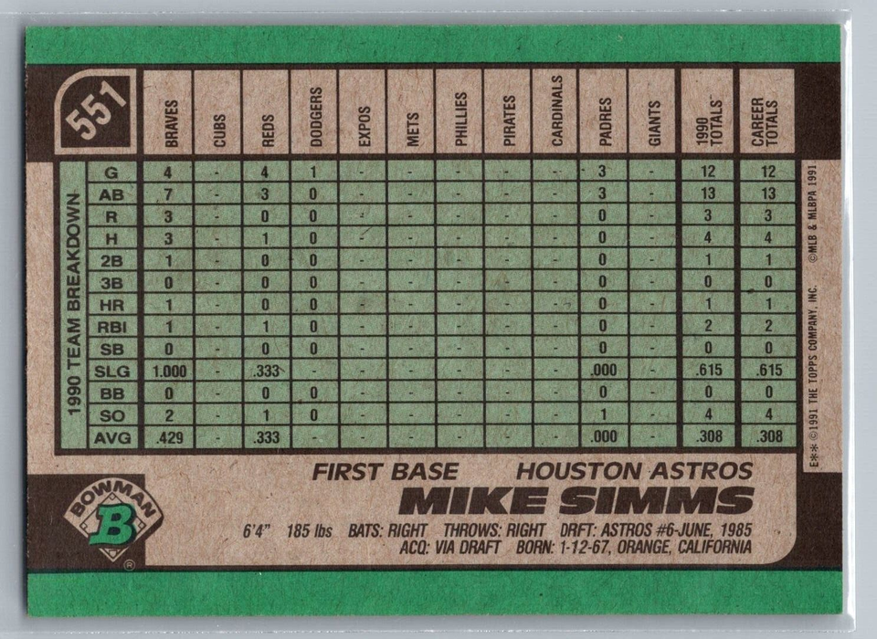 1991 TOPPS BOWMAN CARD # 551 Mike Simms - Houston Astros | eBay