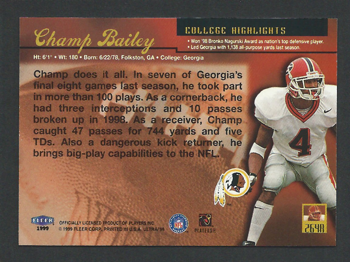 1999 Fleer Ultra CHAMP BAILEY Washington Redskins ROOKIE CARD - MT | eBay