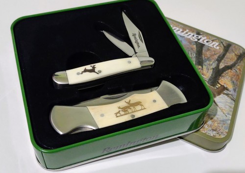 LOT 2 REMINGTON DEER BUCK LB PEANUT HUNTING POCKET KNIFE SET W TIN CASE ...